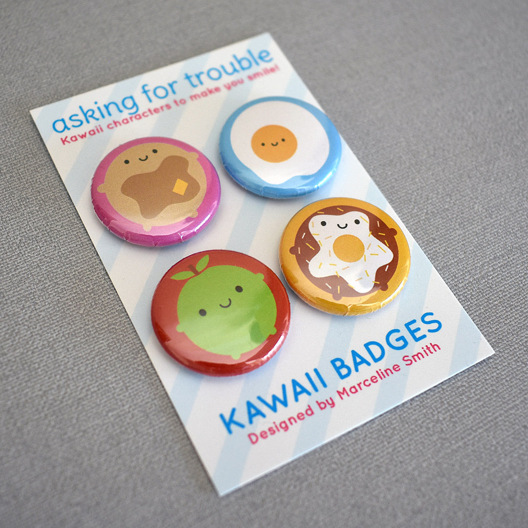 Kawaii breakfast badges with pancake, apple, donut and fried egg ...