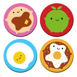 Kawaii breakfast badges with pancake, apple, donut and fried egg ...