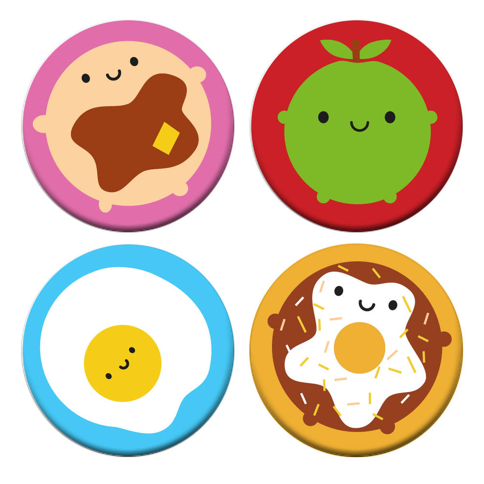 Kawaii breakfast badges with pancake, apple, donut and fried egg ...